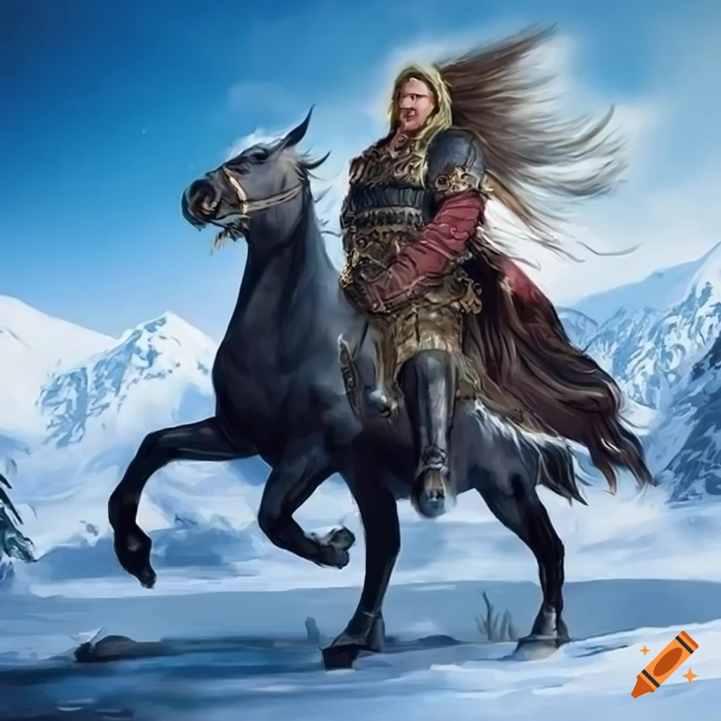 Norse mythological horseback rider in a snowy mountain landscape on Craiyon