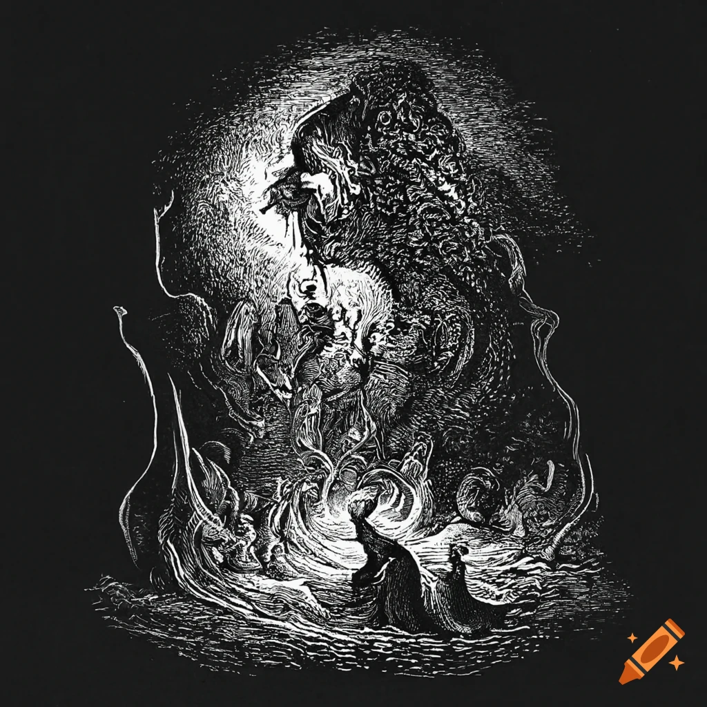 Engraving style depiction of hell and fire with detailed figures on Craiyon