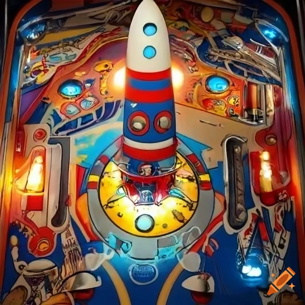 Vintage rocket ship themed pinball machine on Craiyon