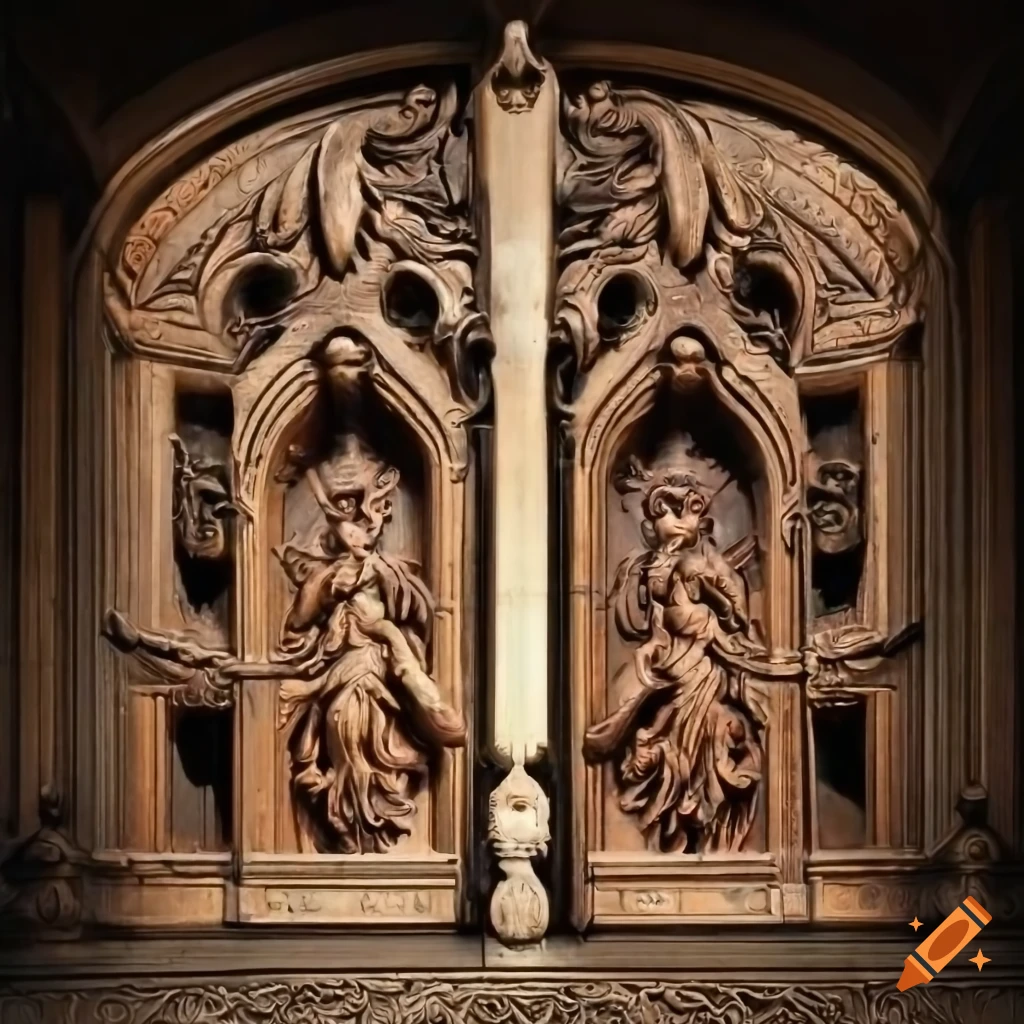 Carved double door with a beautiful goddess and a cruel demon on Craiyon