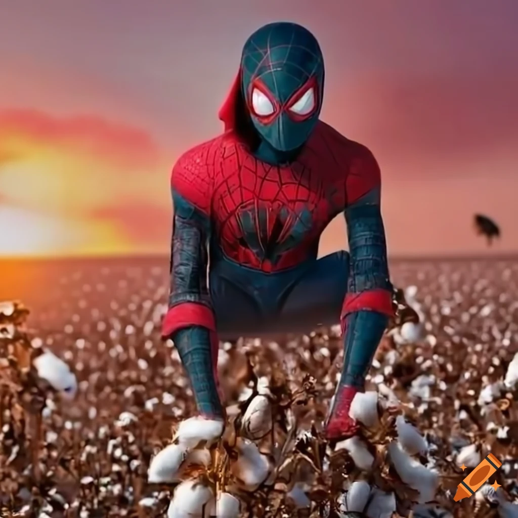 Miles Morales working on a farm picking cotton in a field on Craiyon