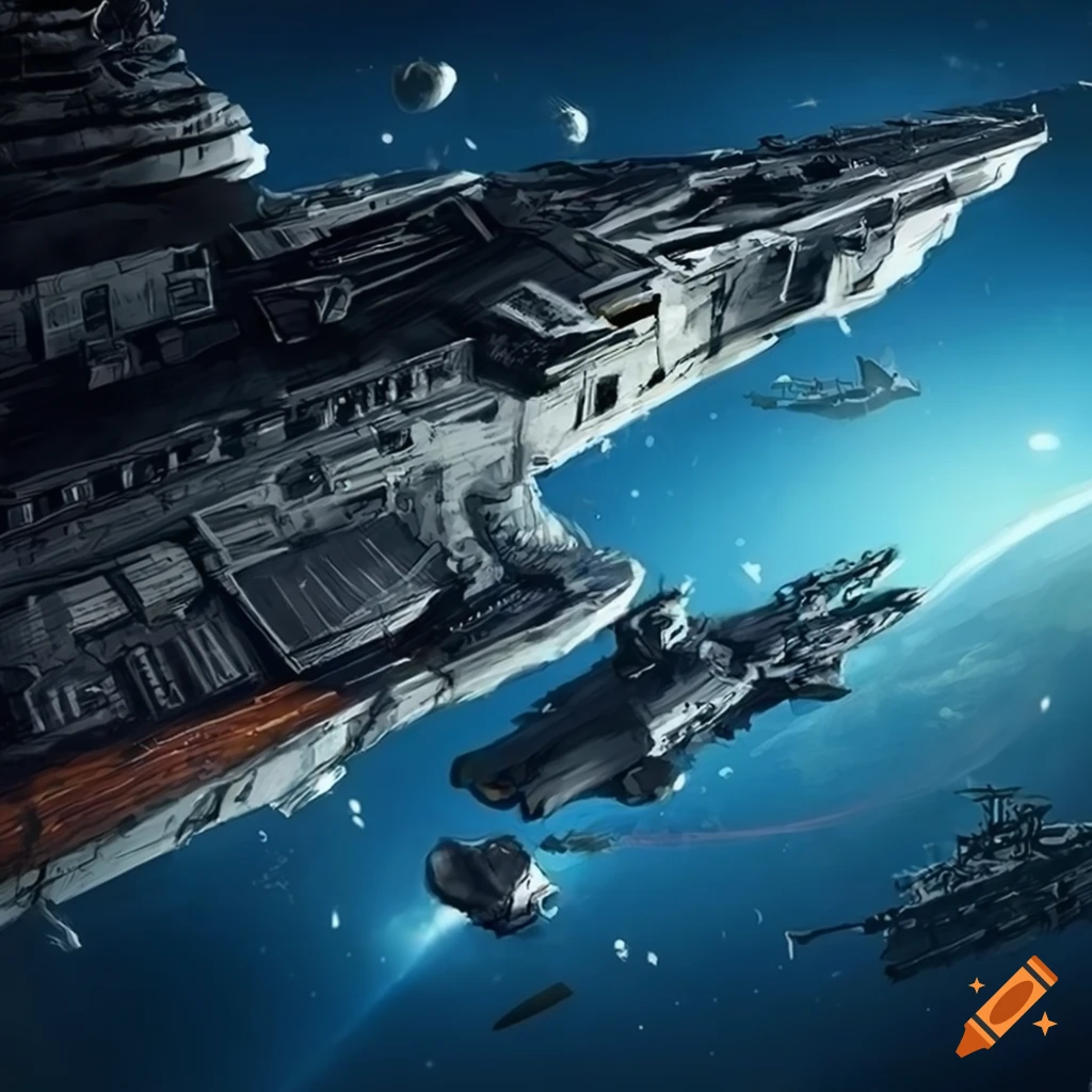 Realistic portrait of a huge battleship spaceship flying in space on ...