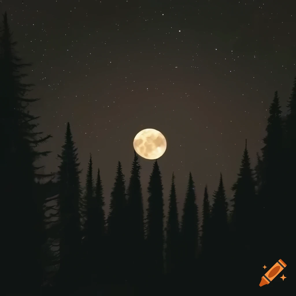 Pine forest at night with full moon shining above the trees on Craiyon