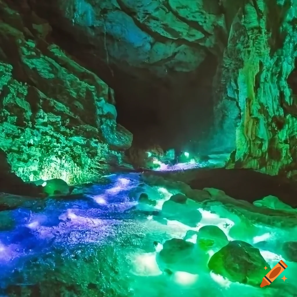 Path of luminous stones in a cave with glowing liquid on Craiyon