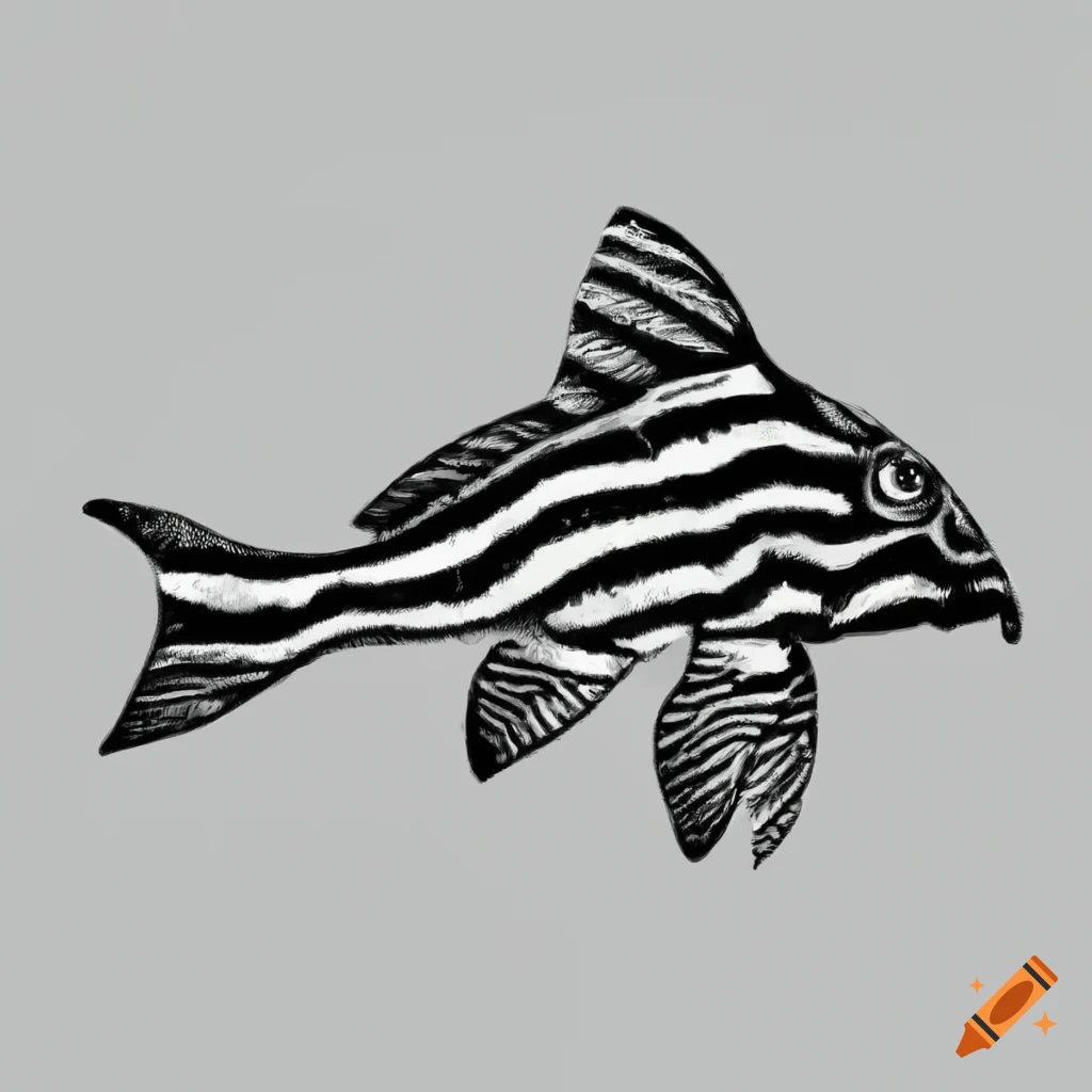Detailed drawing of a black and white zebra pleco fish on Craiyon