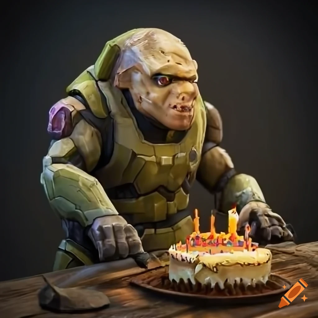 John halo force feeding a grunt birthday cake on Craiyon