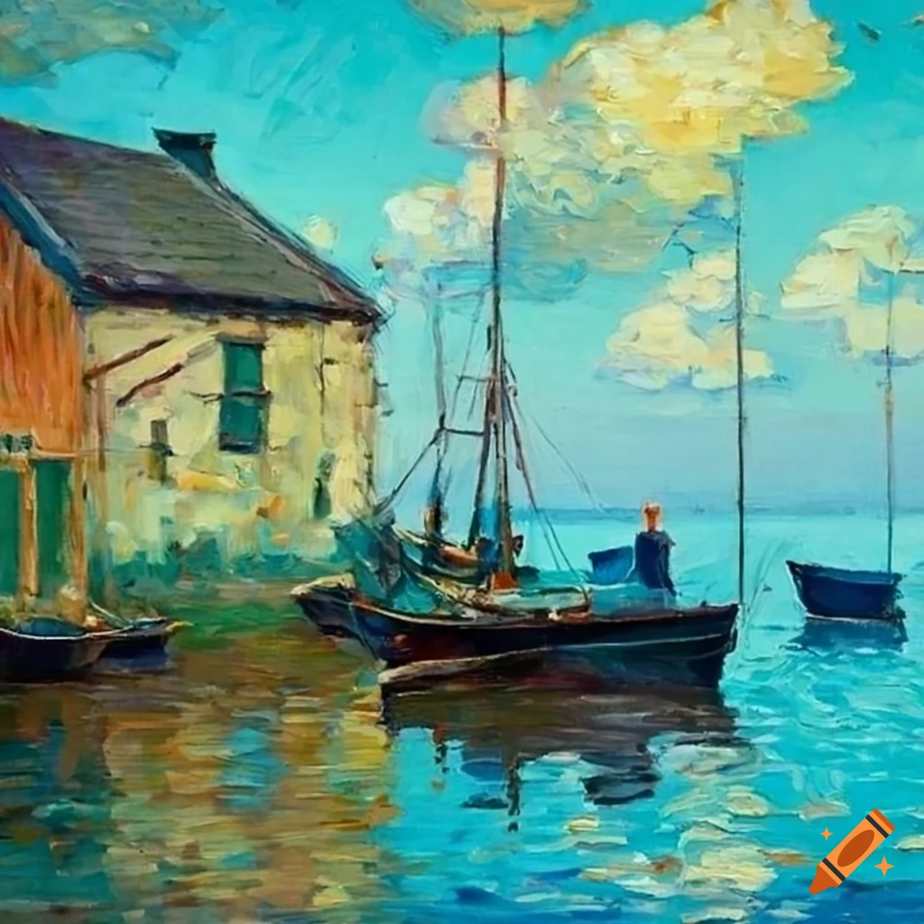 Impressionist waterside scene with fishermen and curious onlooker on ...