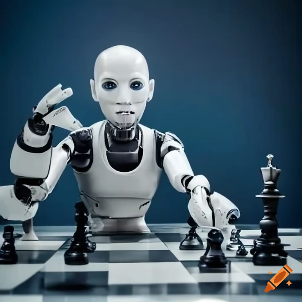 Humanoid chess player robot focused on the chess board on Craiyon