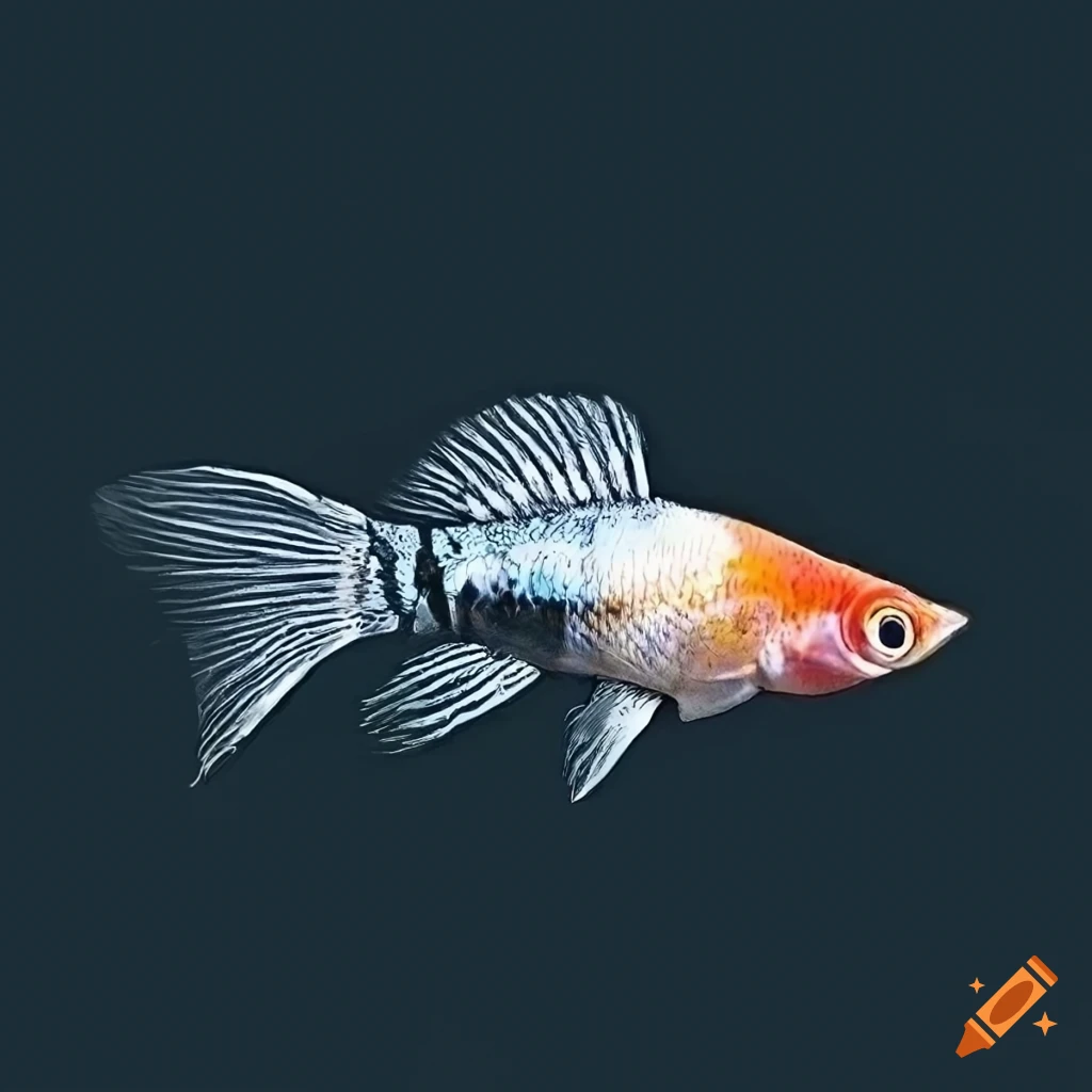 Detailed drawing of a kohaku swordtail aquarium fish swimming gracefully on Craiyon