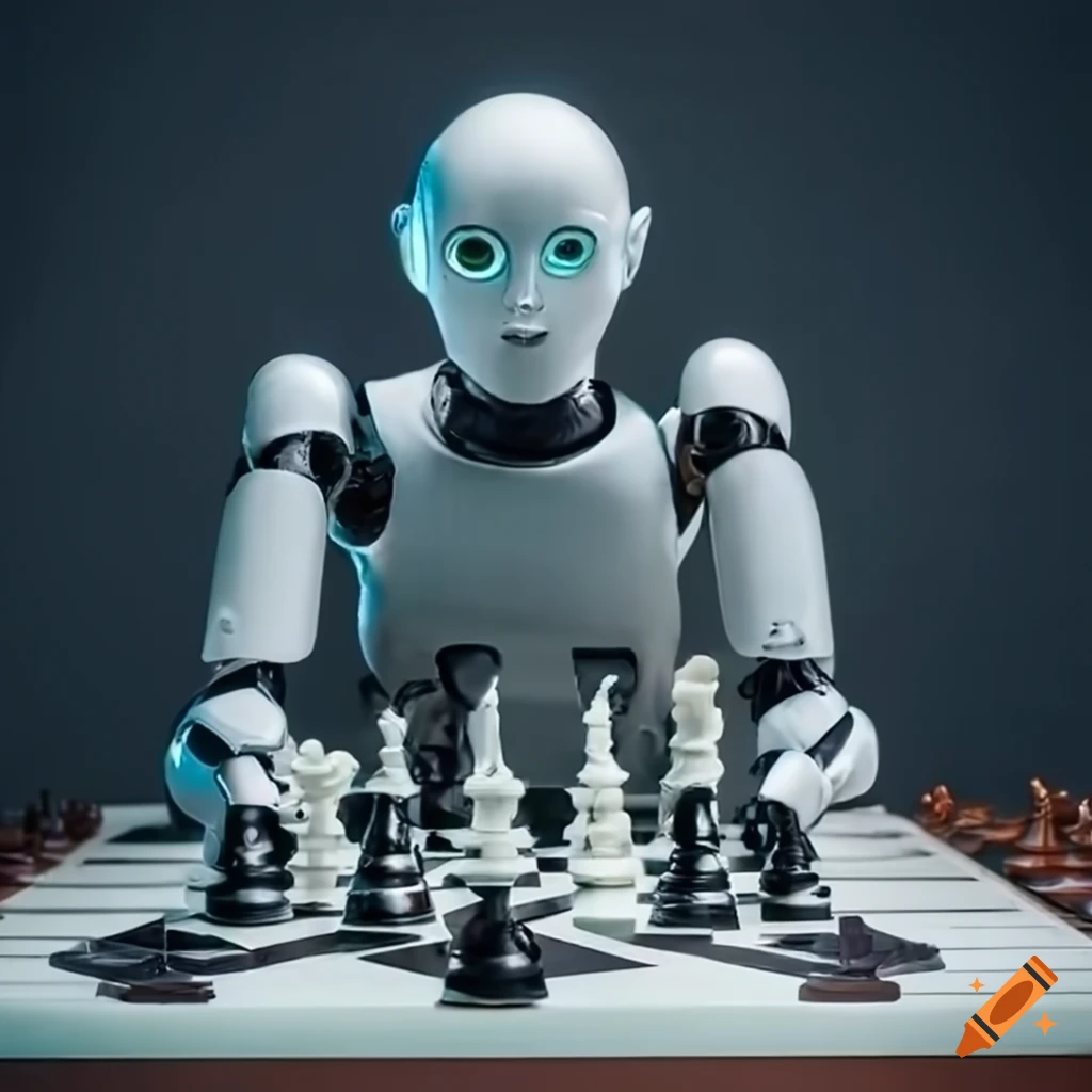 Humanoid chess player robot focused on the chess board on Craiyon