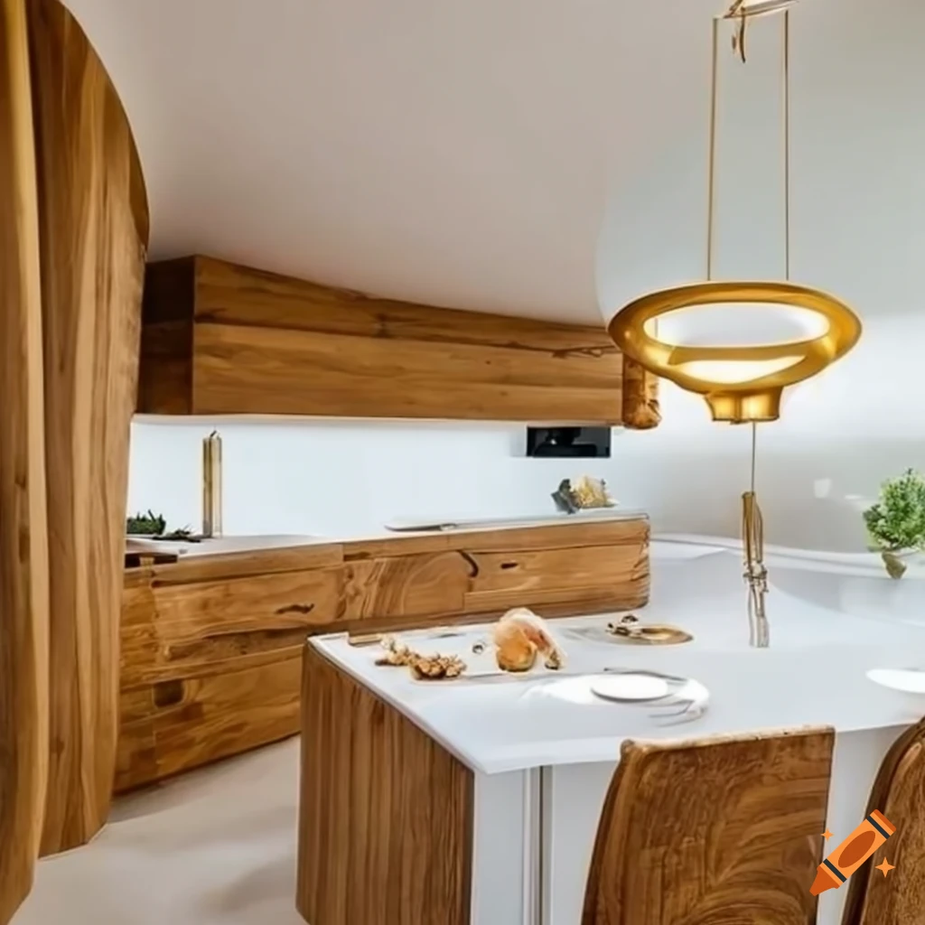 Asymmetric white kitchen with organic curves, brass accents, and lush ...