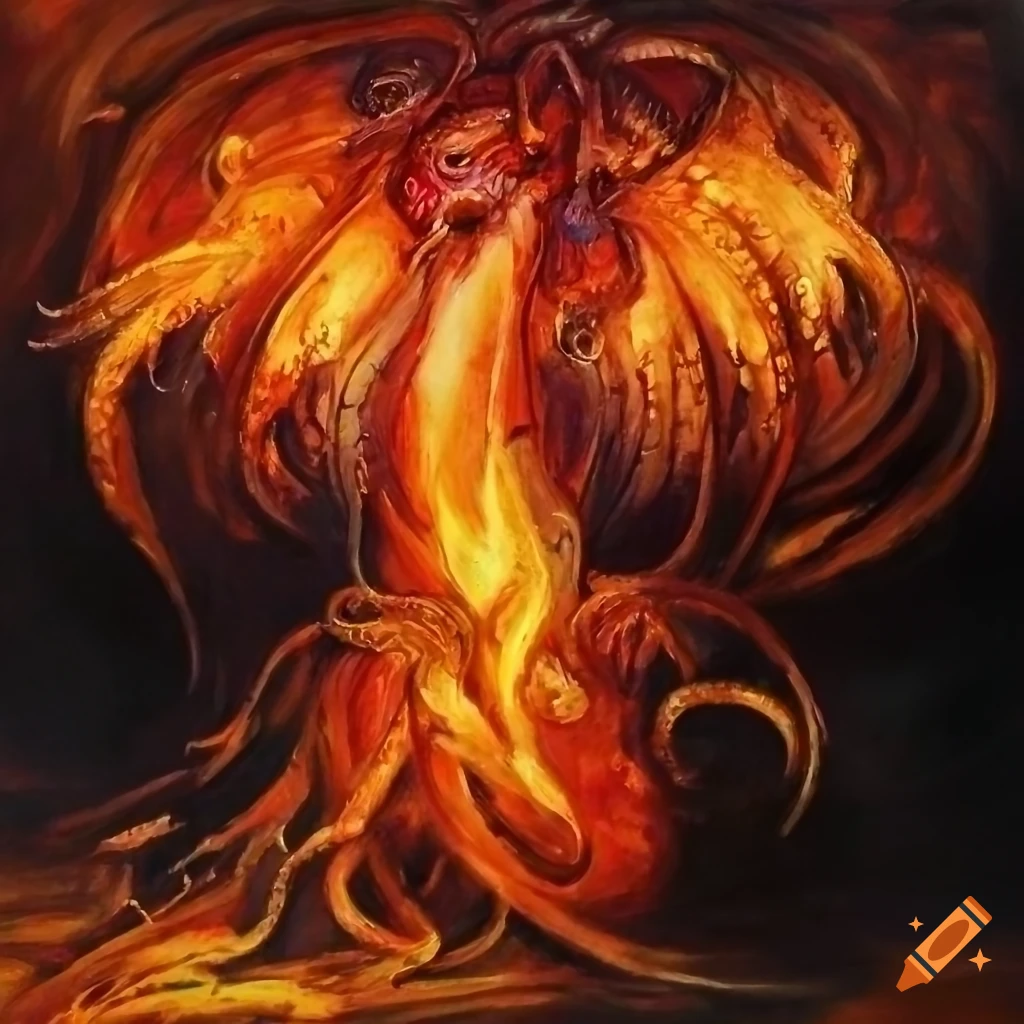 Powerful Lovecraft goddess creature emitting light and fire in rough ...