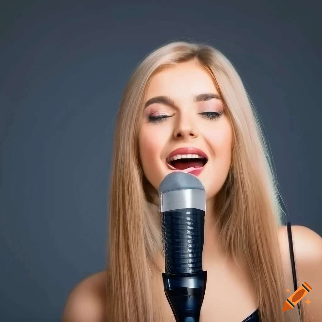Young woman with long blonde hair and hazel eyes singing into a ...