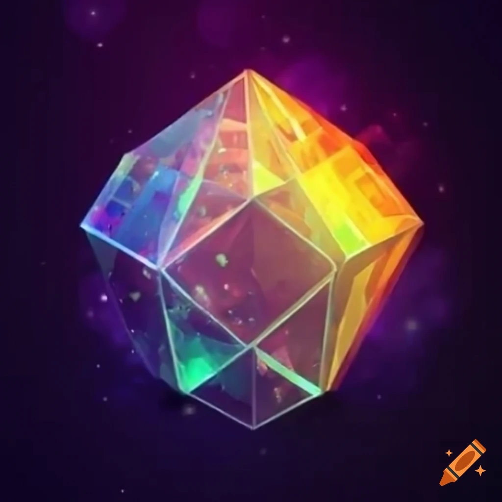 Iridescent polyhedron floating in black space with reflected ...