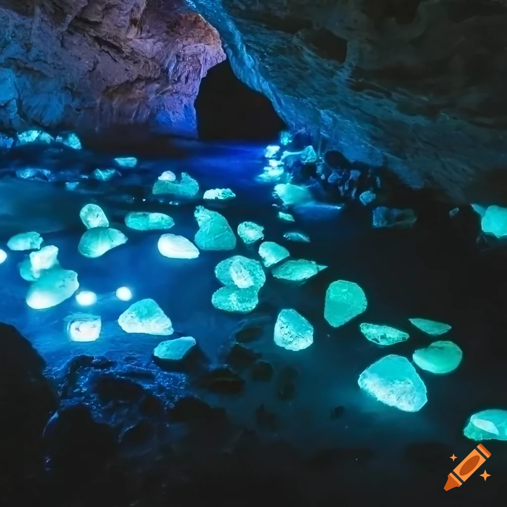 Luminous stone path in a cave with glowing liquid on Craiyon