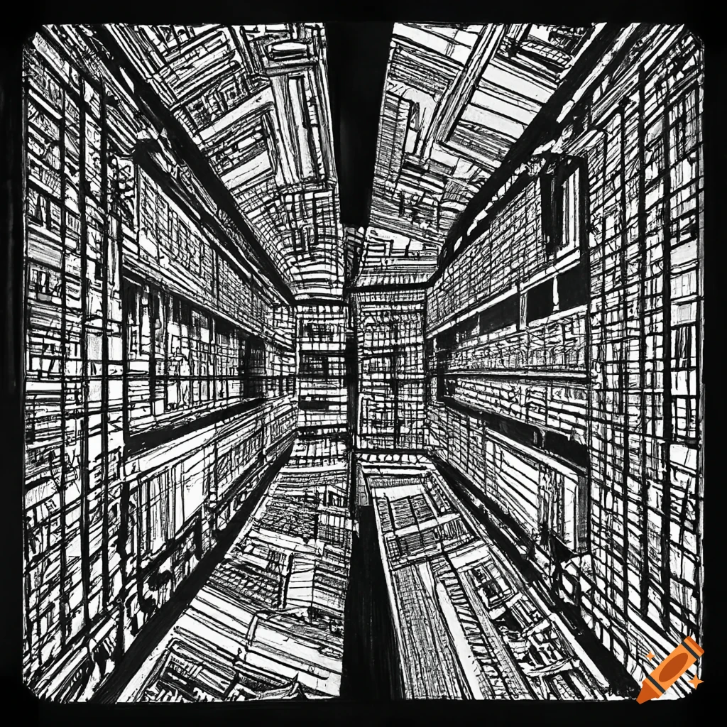 Alien cityscape blueprint in 6-point perspective on Craiyon