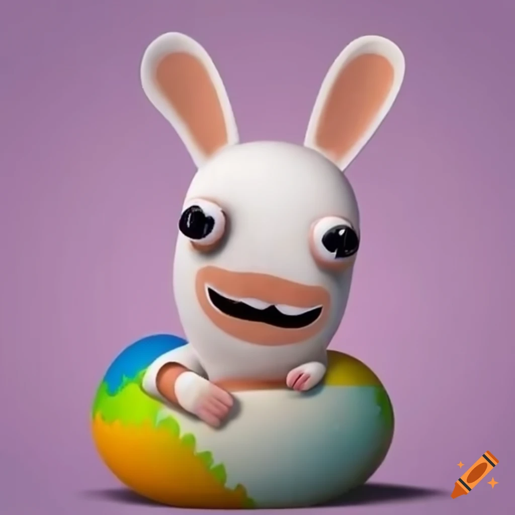 Playful rabbid peeking around an easter egg on Craiyon
