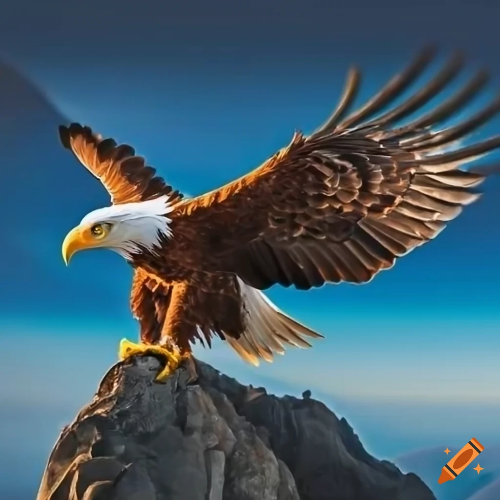 Powerful eagle standing on a rugged mountain peak on Craiyon