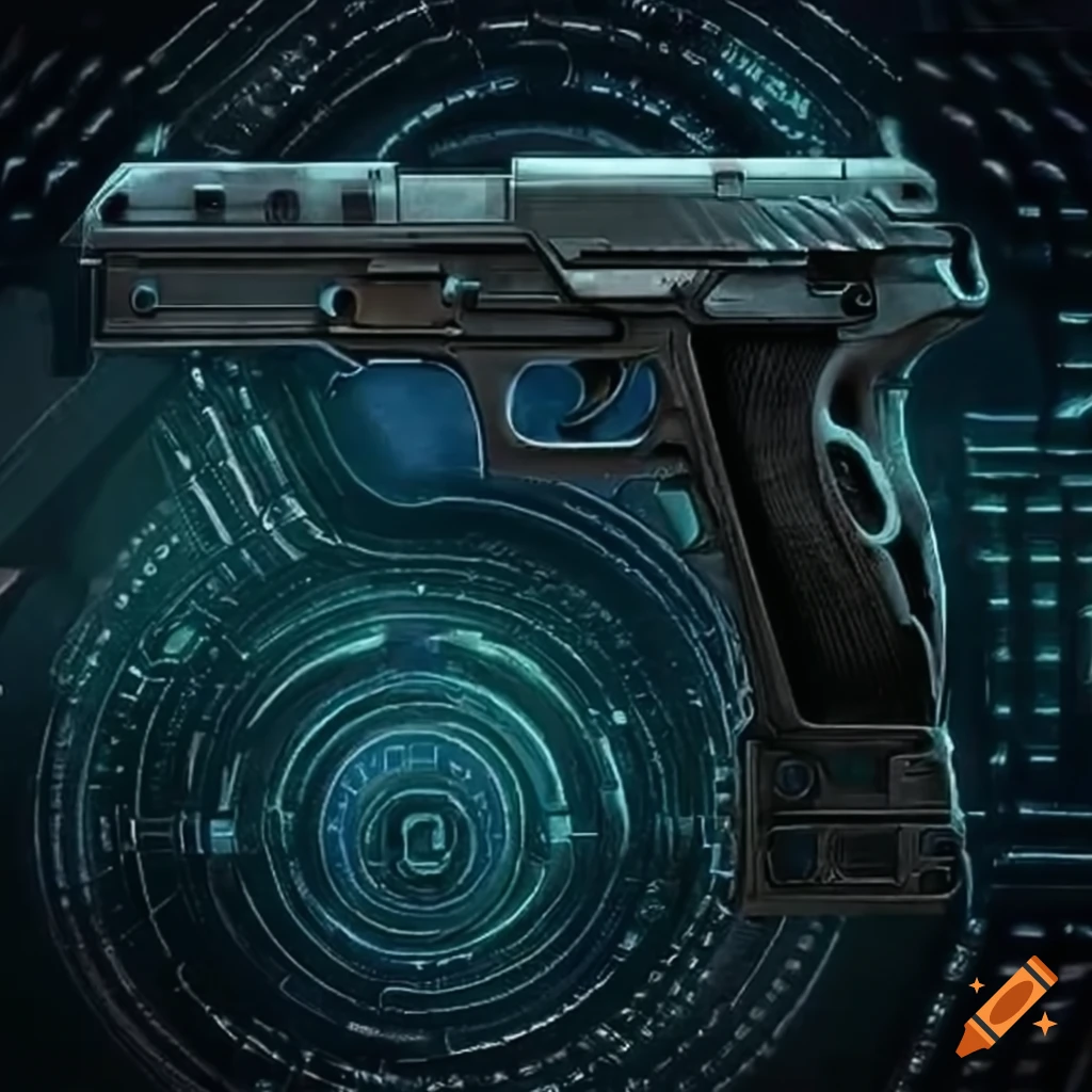 Futuristic depiction with pistol, cybernetics, and technology on Craiyon