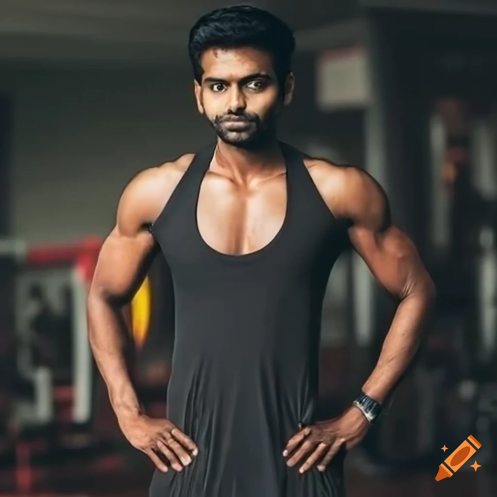 Muscular Indian gym trainer in black outfit at the gym on Craiyon