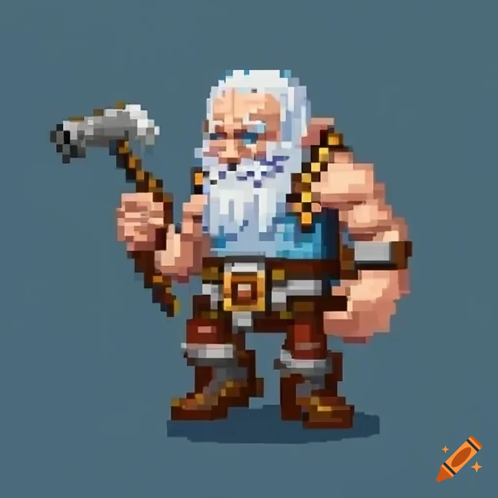 Old white-haired dwarf with a massive hammer in 8-bit style on Craiyon