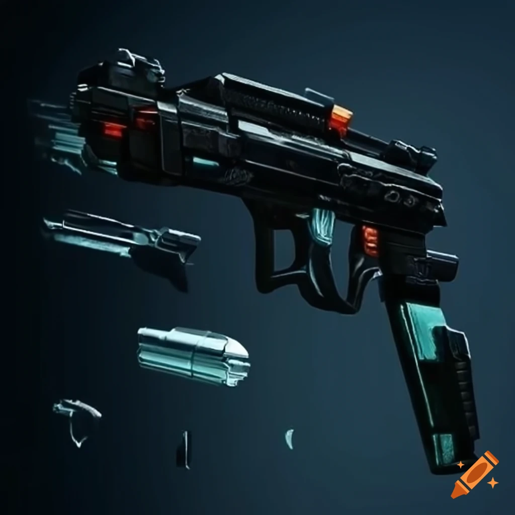 Futuristic pistol and cybernetic technology on Craiyon