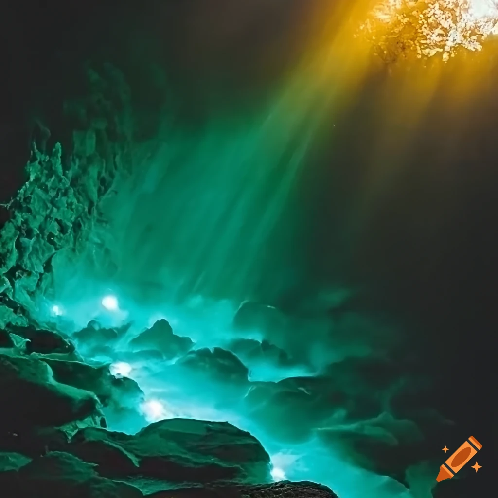 Luminous stone path in a cave with glowing liquid on Craiyon
