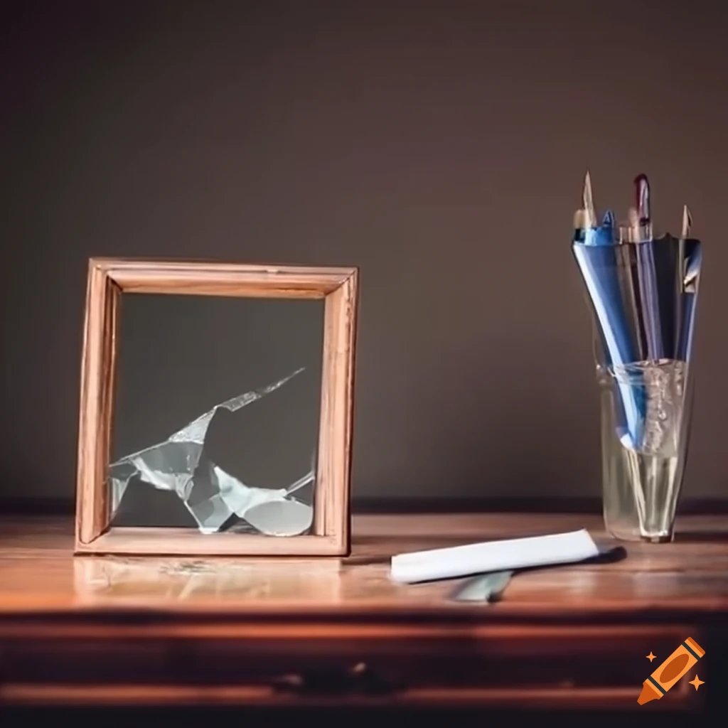 Shattered glass frame and stationery on a vintage desk on Craiyon