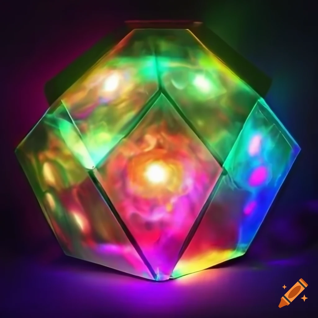 Semi-transparent polyhedron glowing in black space with iridescence on ...