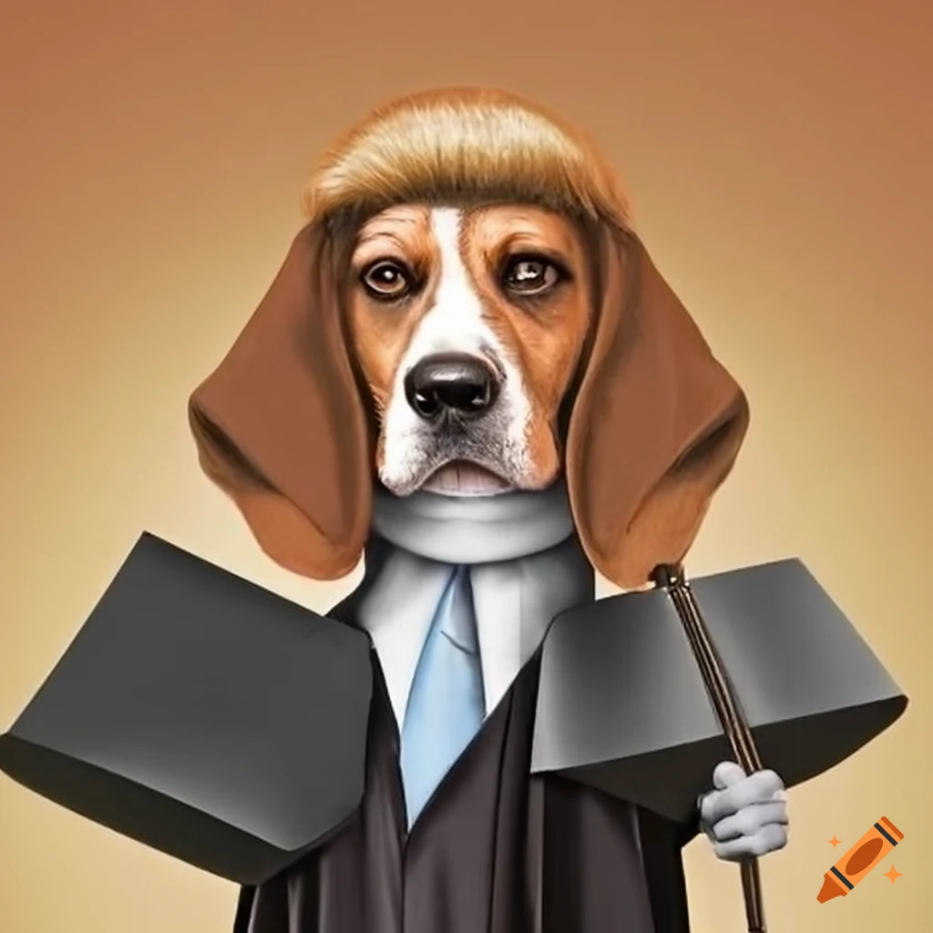 Judges and lawyers wearing beagle wigs in a humorous scene on Craiyon