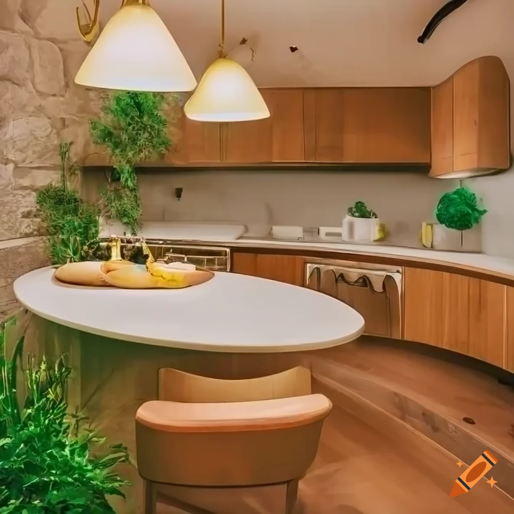 Asymmetric open plan kitchen with organic curves and rustic stone wall ...