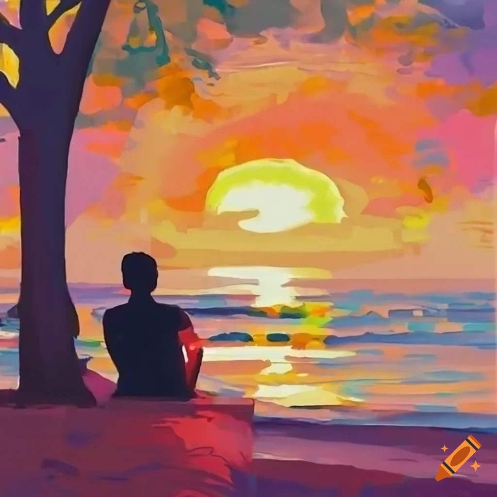 Man sitting against tree watching beautiful beach sunset from behind on ...