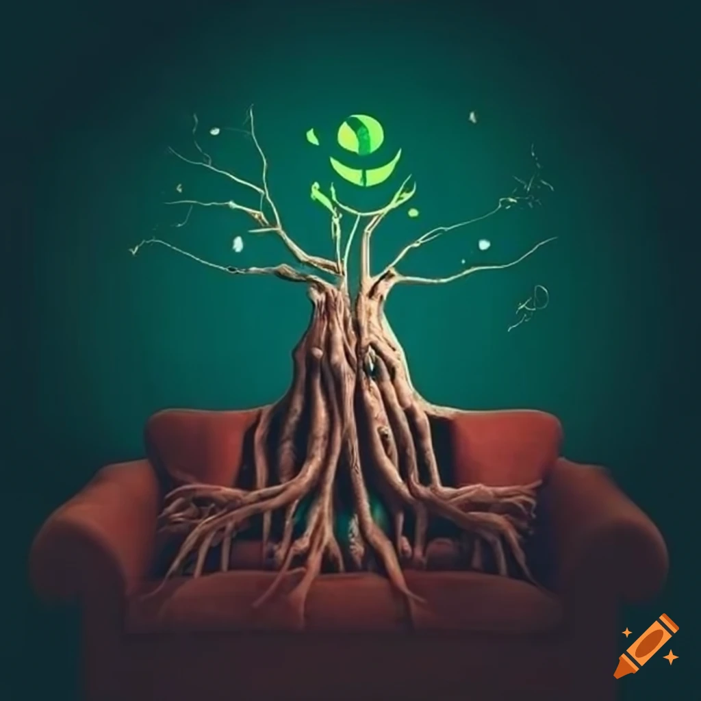 Hipster yogi tree with glasses sitting on a couch on Craiyon