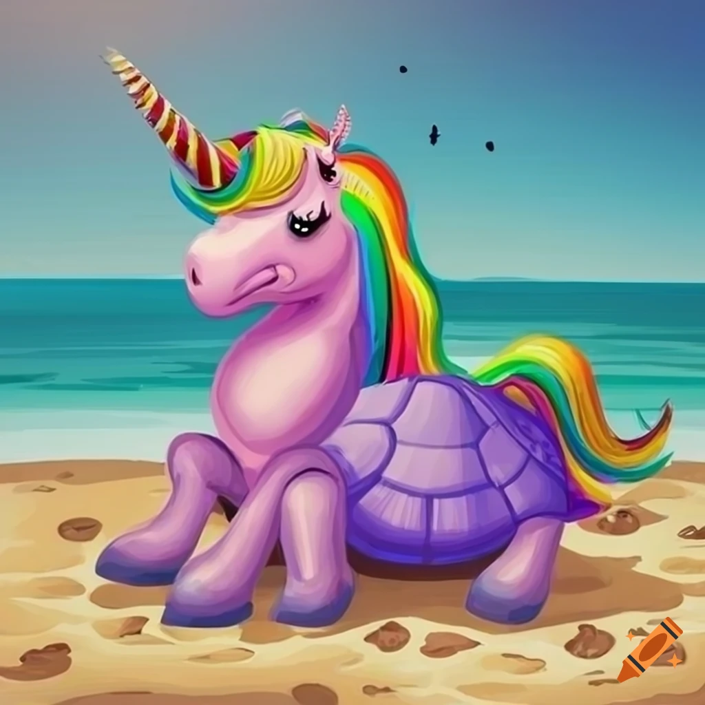 Unicorn with turtle on beach in realistic summer style on Craiyon