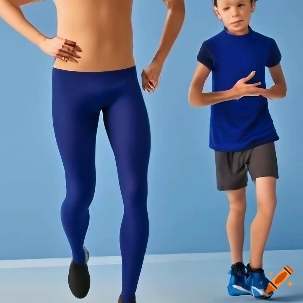 Boy in blue spandex tights and t-shirt with running shoes on Craiyon