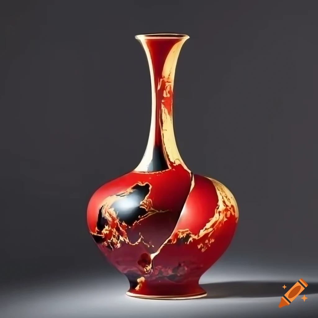 Shattered Chinese vase with red, gold, and black designs in dramatic ...