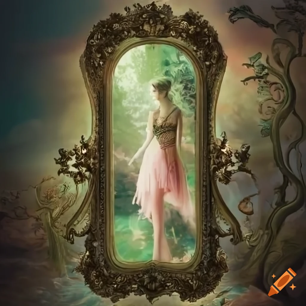 Ornate mirror showing the feywild and a fairy utopia on Craiyon