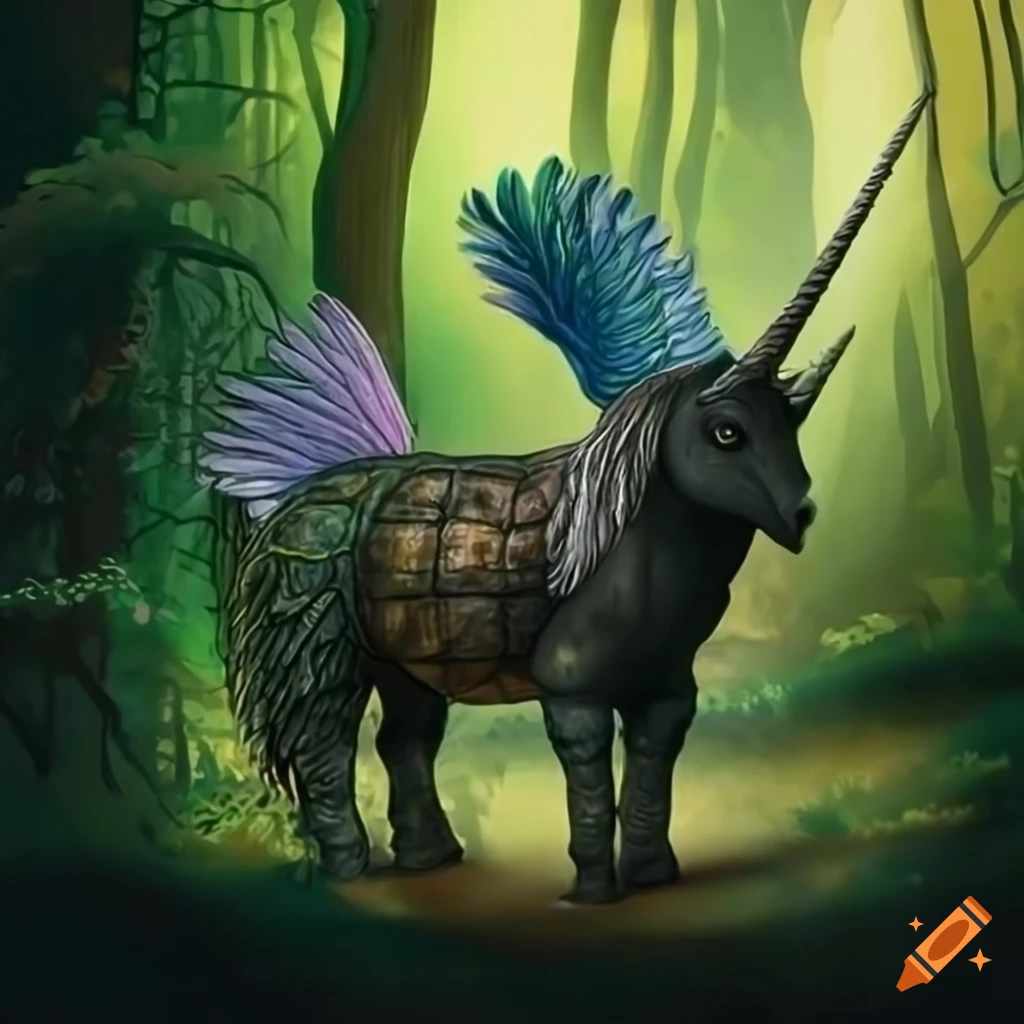 Black winged unicorn with a turtle in a realistic forest setting on Craiyon