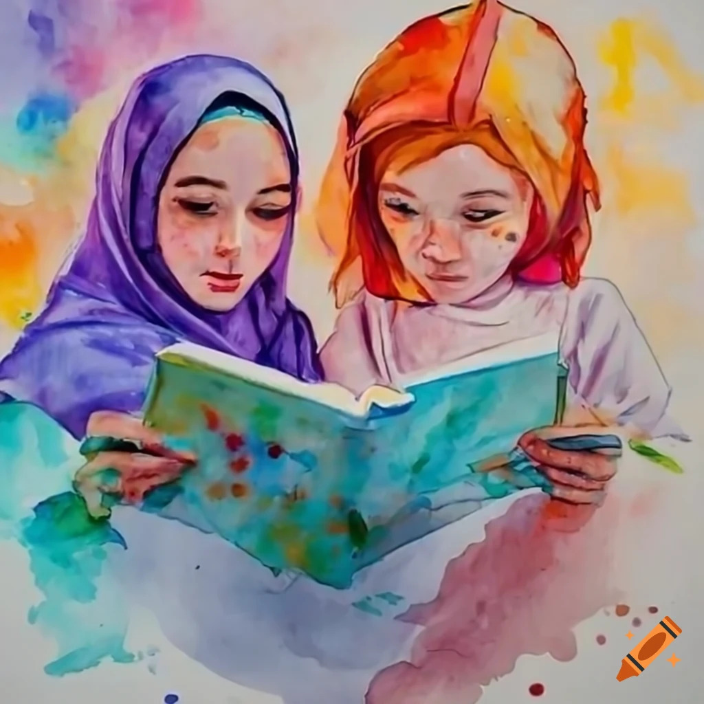 Two friends reading a book - one muslim girl, one red-haired australian ...