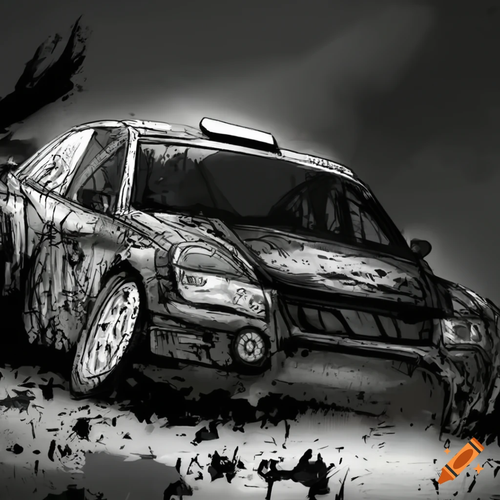Rally drift car in mud in black and white anime style on Craiyon