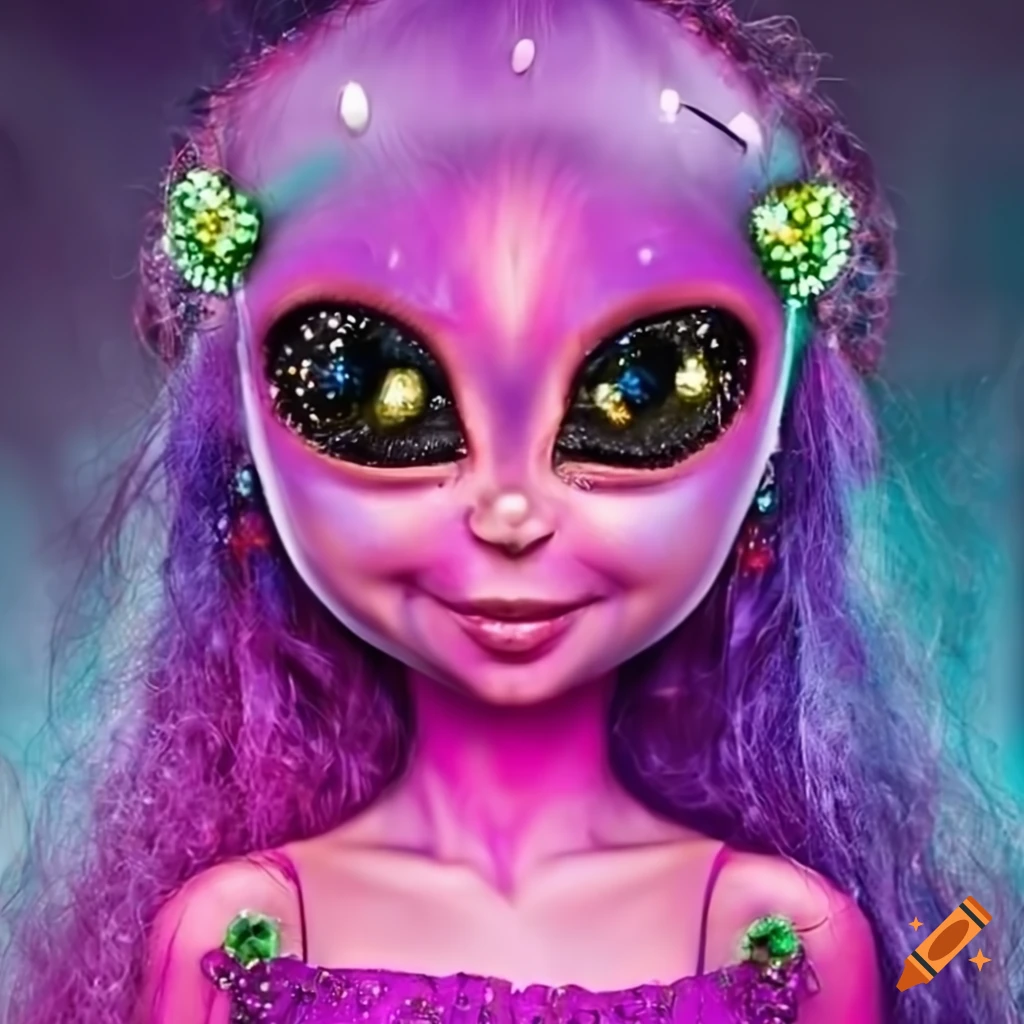 Cute smiling purple-haired alien girls with unique dress embellishments ...