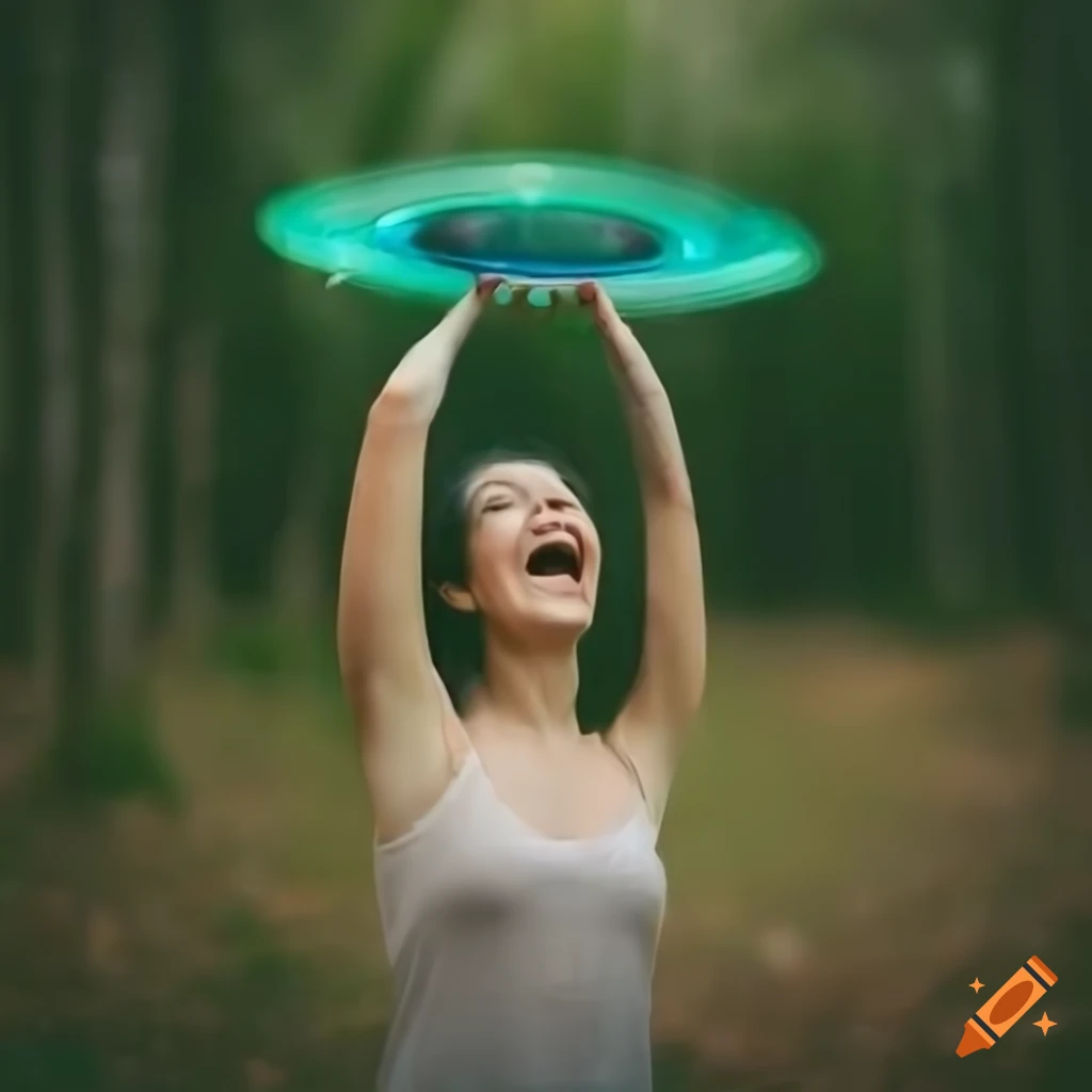 Adorable woman alien smiling in woodland with a ufo on Craiyon