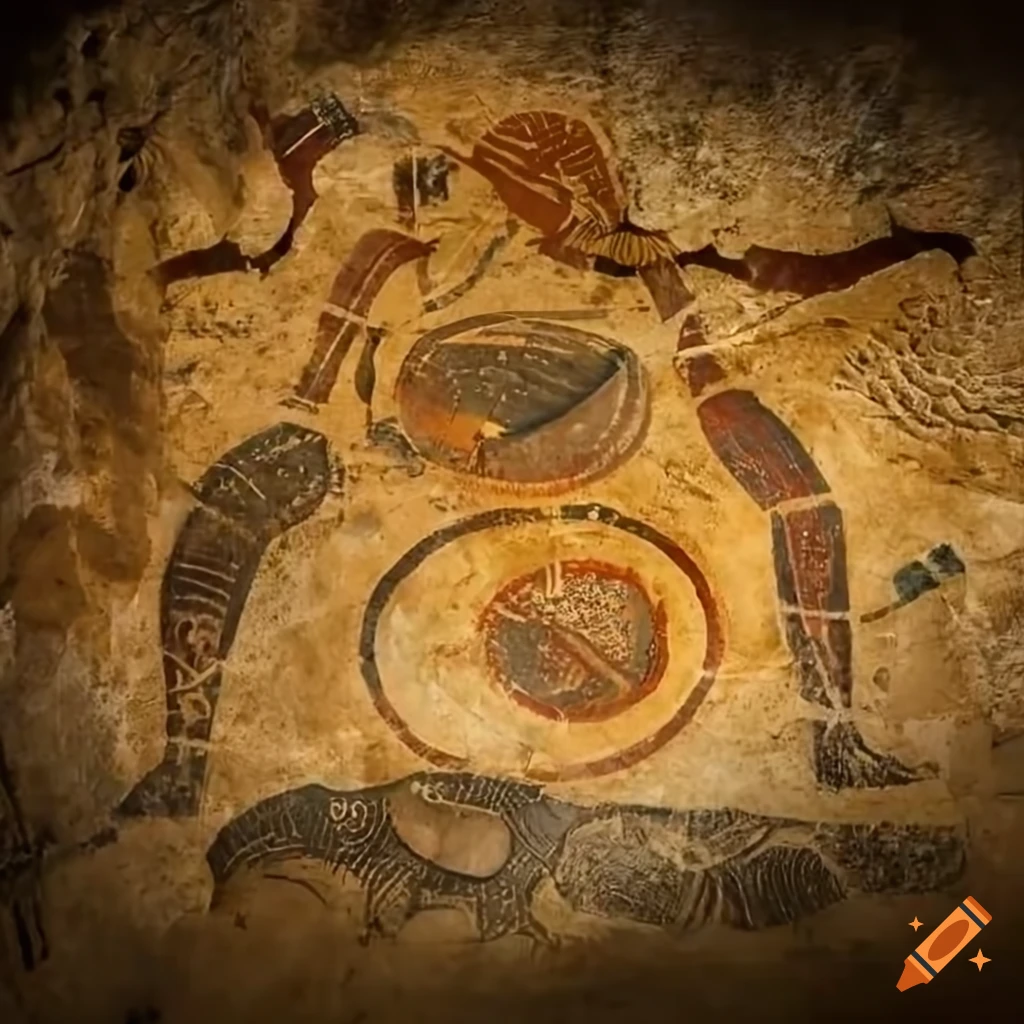 Intricate ancient cave painting of a pregnant woman in childbirth on ...