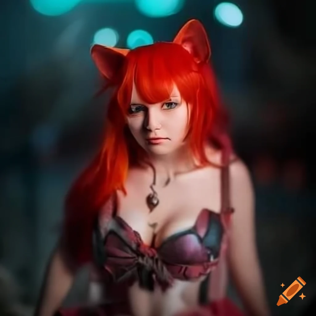 Female cosplaying as a neko with red hair and green eyes on Craiyon