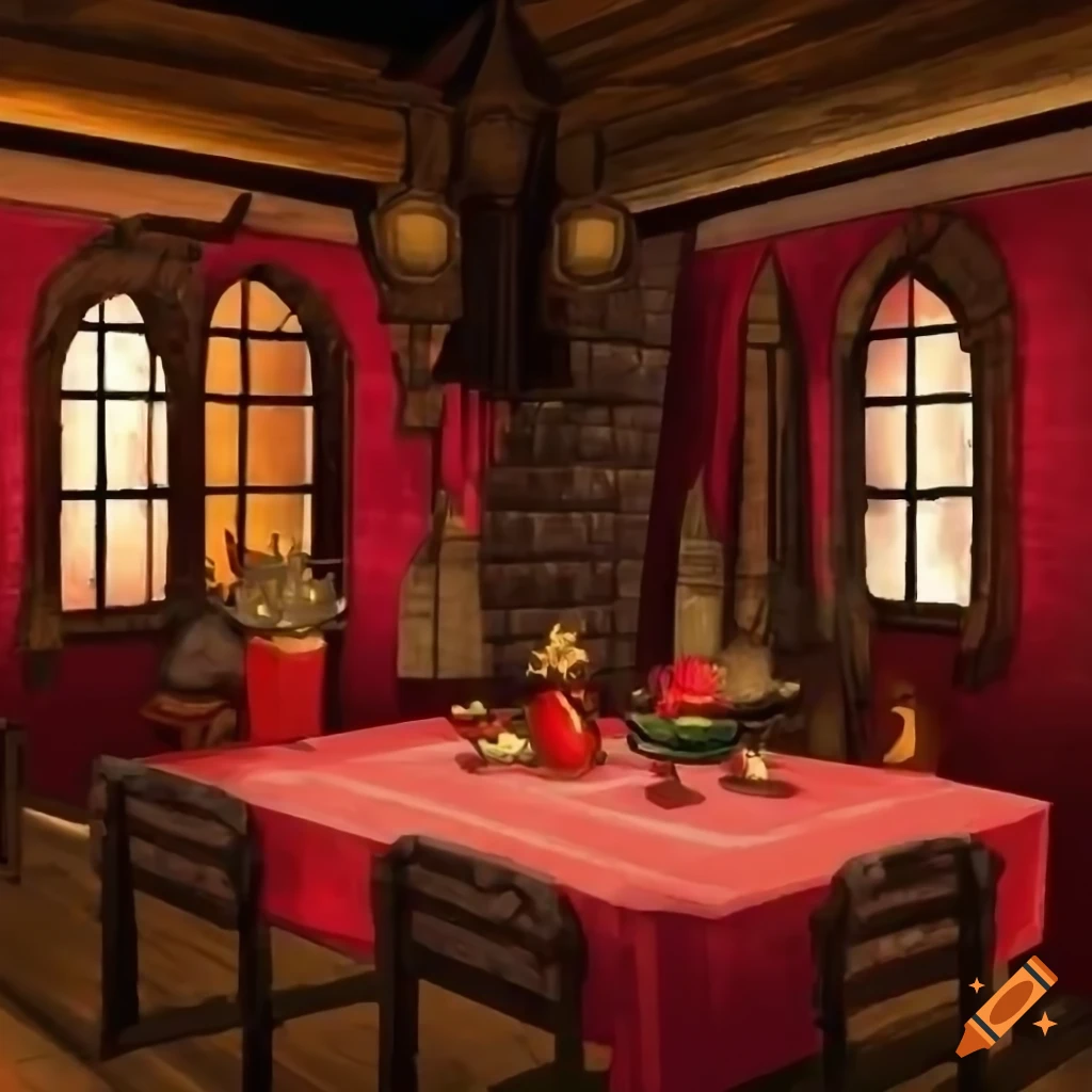 Anime-style fantasy medieval house interior with dining table and ...