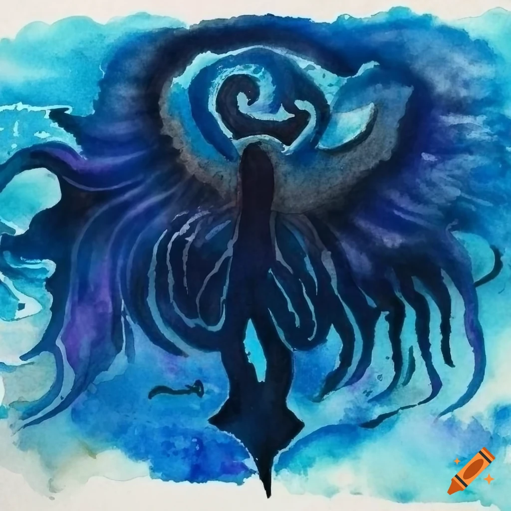 Black and blue eldritch cosmic god standing in the ocean on Craiyon