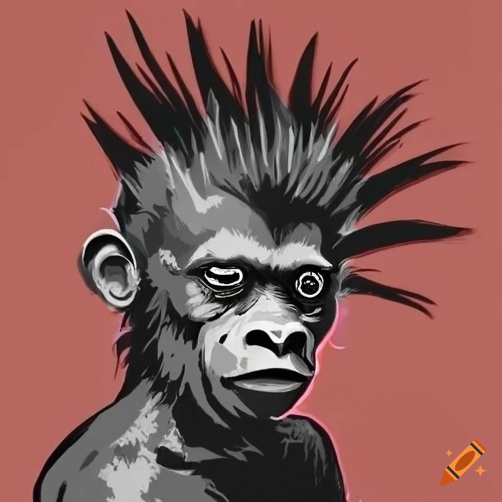 Edgy monkey stencil with golden accessories and punk mohawk on Craiyon