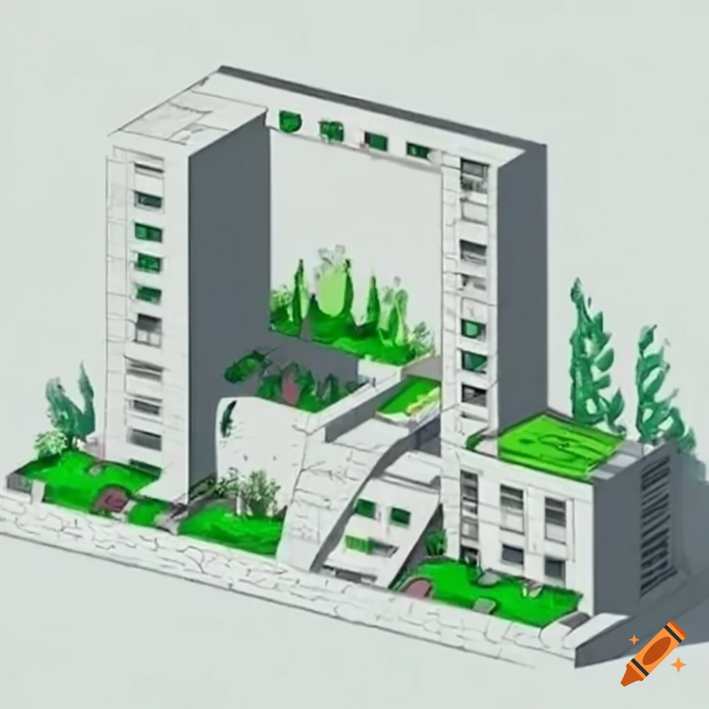 Contemporary concrete building with lush vegetation on Craiyon