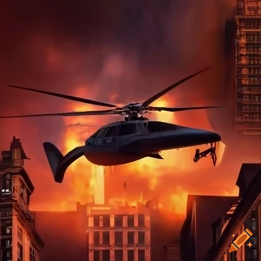 Sleek helicopter flying over a burning building on Craiyon