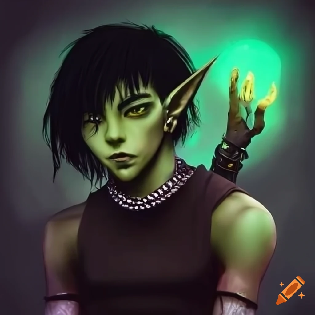 Edjek the young green-skinned goblin with emo style black hair and ...